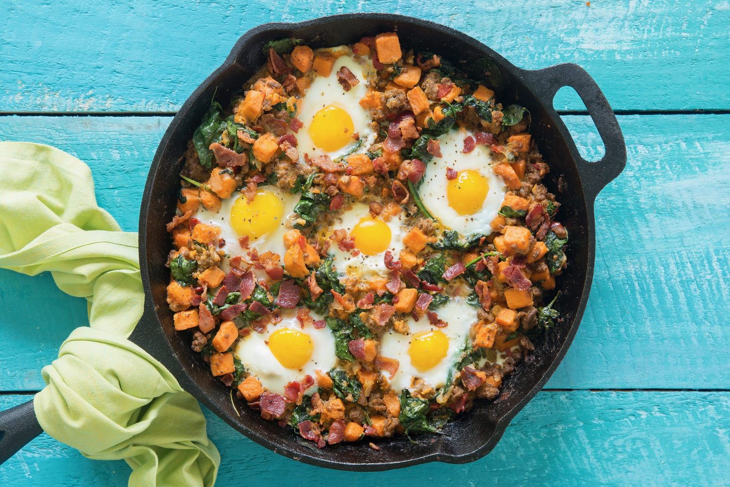 Sweet Potato-and-Bacon Hash with Eggs