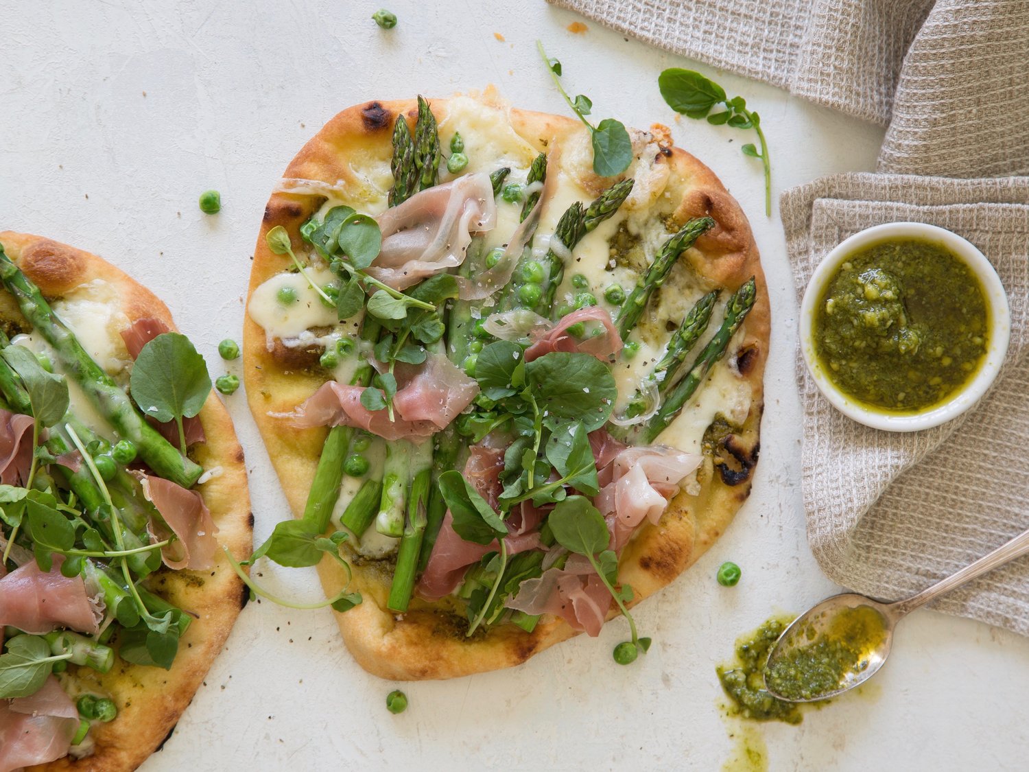 Spring Veggie-Prosciutto Pizzas